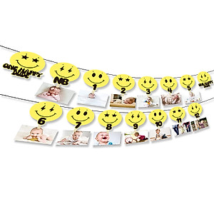 One Happy Dude Monthly Photo Banner - 1st Birthday Monthly Banner Baby Boy 12 Month Photo Display Milestone Photography Bunting Garland for Hippie Groovy One 1 Year Old First Birthday Party