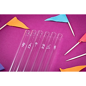 HALM Glass Straws - Birthday Party Edition - 6 Reusable Drinking Straws With Engraved Icons 20cm (8 in) - Birthday Present, Gift - Made in Germany - Dishwasher Safe - Eco-Friendly