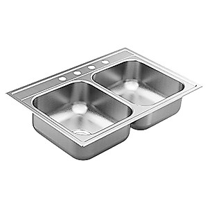 Moen GS182154Q 1800 Series 33-inch 18 Gauge Drop-in Double Bowl Stainless Steel Kitchen Sink, 7-inch Depth, Featuring QuickMount