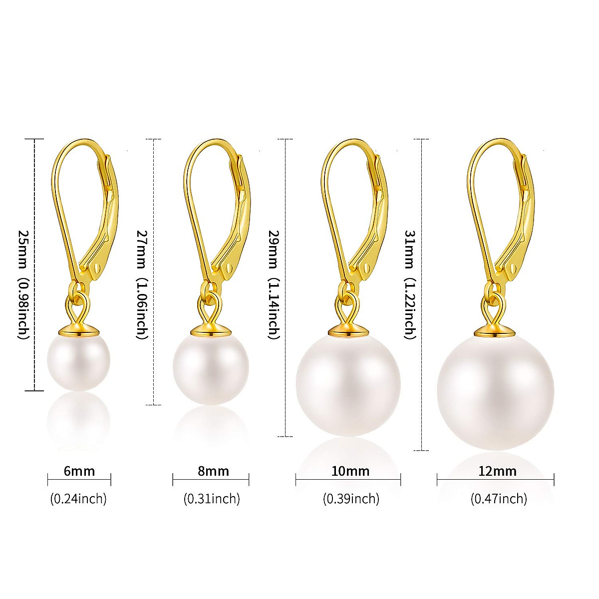 Esberry 925 Sterling Shell Pearl Silver Earrings 6-12mm Handpicked White Shell Pearl Drop Leverback Earrings for Women and Girls