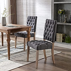 AMNOOL Linen Dining Chair Set of 2 Wooden Frame Tufted Upholstered Dining Chairs with Wooden Legs Desk Chair Side Chair High Back for Kitchen Dining Room Living Room Bedroom (Grey)