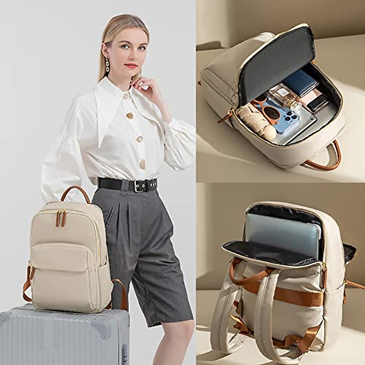Mn&Sue Nylon Backpack Purse for Women Lightweight Travel Bag Fashion Design Ladies Shoulder Purse Casual Daypack School Work Bag (#A Beige)