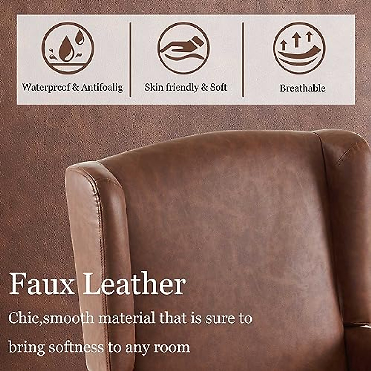 LOVSPATIO Faux Leather Accent Chair, Mid-Century Upholstered Living Room Chairs, Comfy Single Recliner Sofa with Arm and Wood Legs for Bedroom Waiting Room Office - Brown
