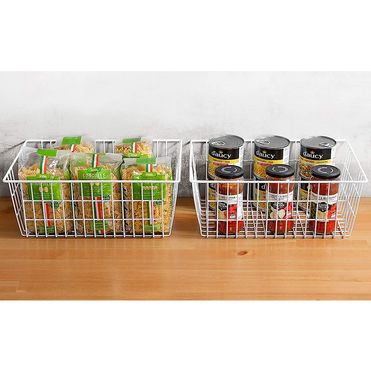 Redrubbit Wire Storage Baskets, Large Farmhouse Metal Freezer Basket Storage Organizer Bins with Handles for Kitchen Cabinets, Pantry, Closets, Bedrooms, Bathrooms, Set of 6, White