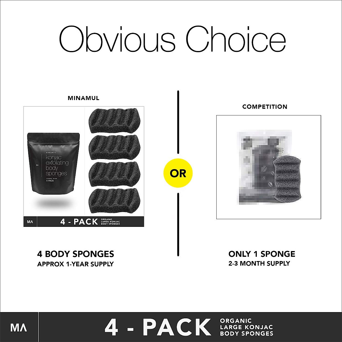 Minamul Konjac Exfoliating Organic Body Sponge | Gentle Daily Body face Scrub/Skincare | Infused with Best Bamboo Activated Charcoal | Safe for Oily, Dry, Combination or Sensitive Skin | 4 Pack Set