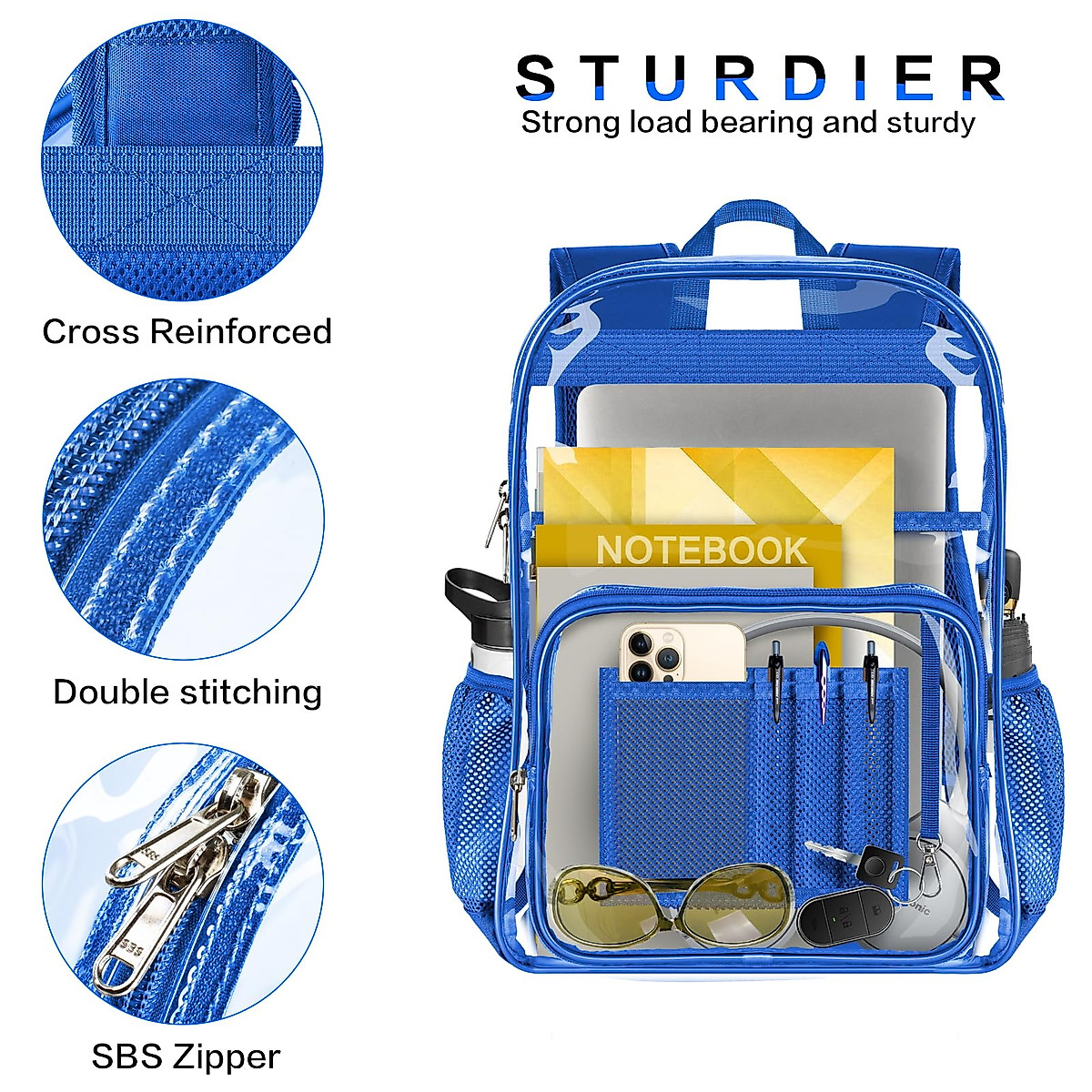 GEAMSAM Clear Backpack Heavy Duty Large Transparent Backpack with Reinforced Bottom Multi-pockets for College, Travel, Workplace Security - Blue