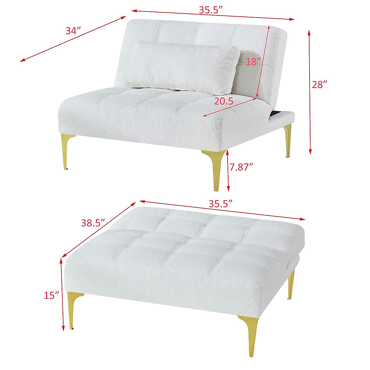 Convertible Sofa Bed Single Chair Futon with Adjustable Backrest, Teddy Fabric Armless Chair with Pillow, Futon Sleeper Couch Daybed Single Chair for Living Room Bedroom Apartment Office (White)