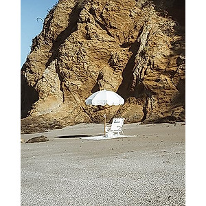 Business & Pleasure Co. Holiday Beach Umbrella ~ White Boho Fringe Umbrella, UPF 50+, 1" Tilting Wood Pole, 5’W x 6.5’H