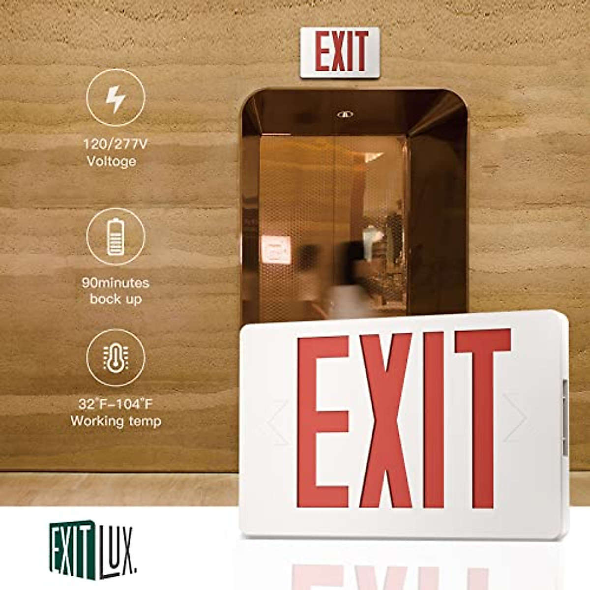 EXITLUX 2 Packs LED Exit Lights with Emergency Lights-Double Face Two LED Adjustable Head Emergency Exit Lights with Battery Backup Dual LED Lamp ABS Fire Resistance UL Listed 120-277VAC.…