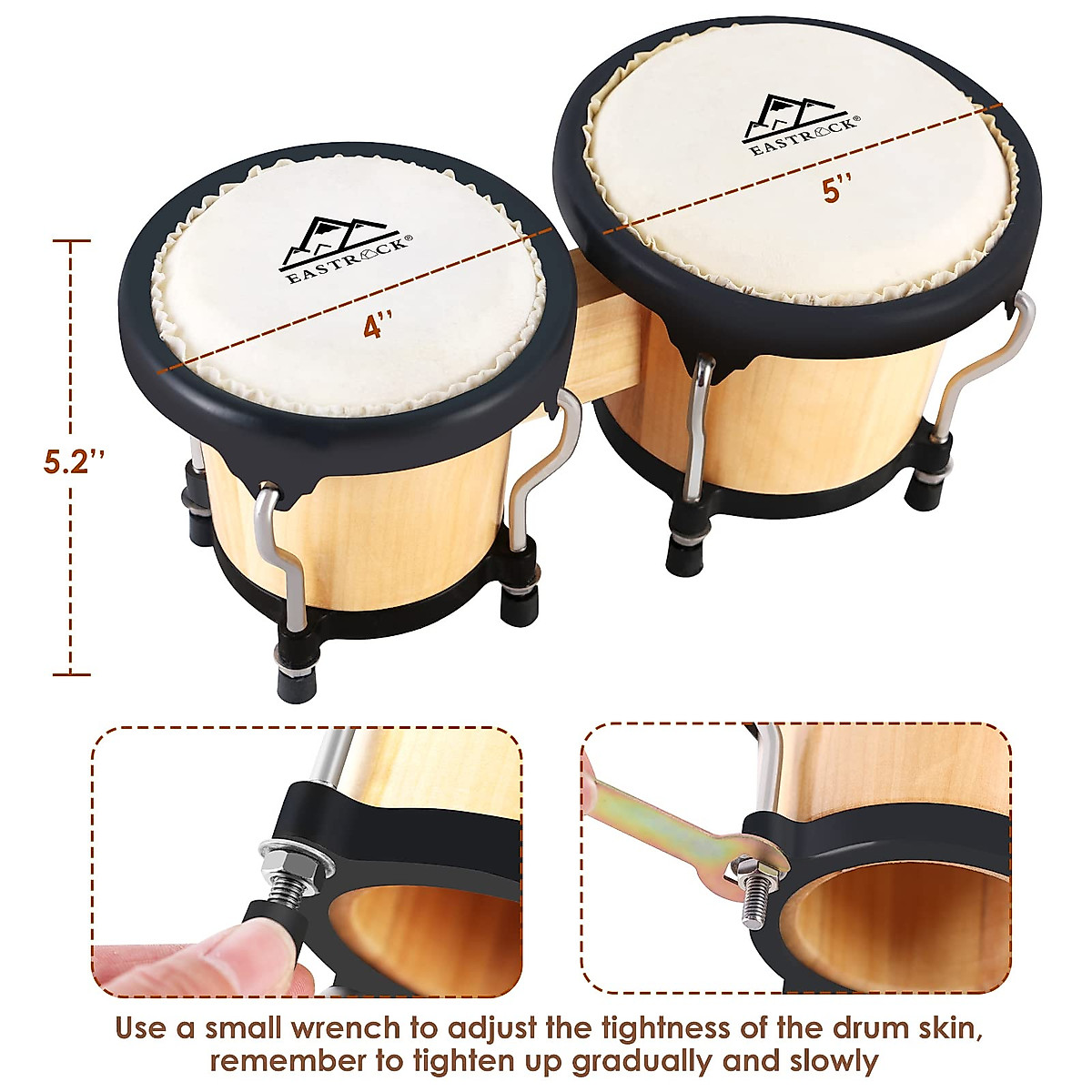 EastRock Bongo Drum 4” and 5” Set for Adults Kids Beginners Professionals Tunable Wood and Metal Drum Percussion Instruments With Tuning Wrench