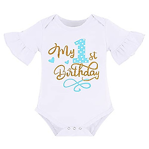 IBTOM CASTLE It's My 1st Birthday Outfit For Baby Girls First Birthday Gift Wild ONE Bodysuit Romper Onesie Sequin Bow-tie Tulle Tutu Polka Dots Skirt for Photo Shoot w/Ears Headband Blue 1T