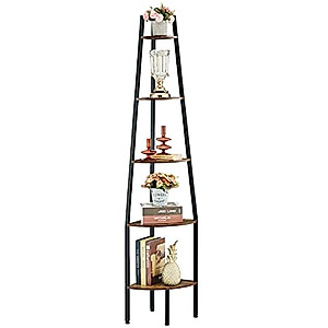 Hoctieon Corner Shelf, Industrial 5-Tier Corner Bookshelf, Rustic Corner Ladder Shelf, Corner Bookcase for Small Spaces, Bedroom, Living Room, Home Office, Kitchen, Balcony, Rustic Brown