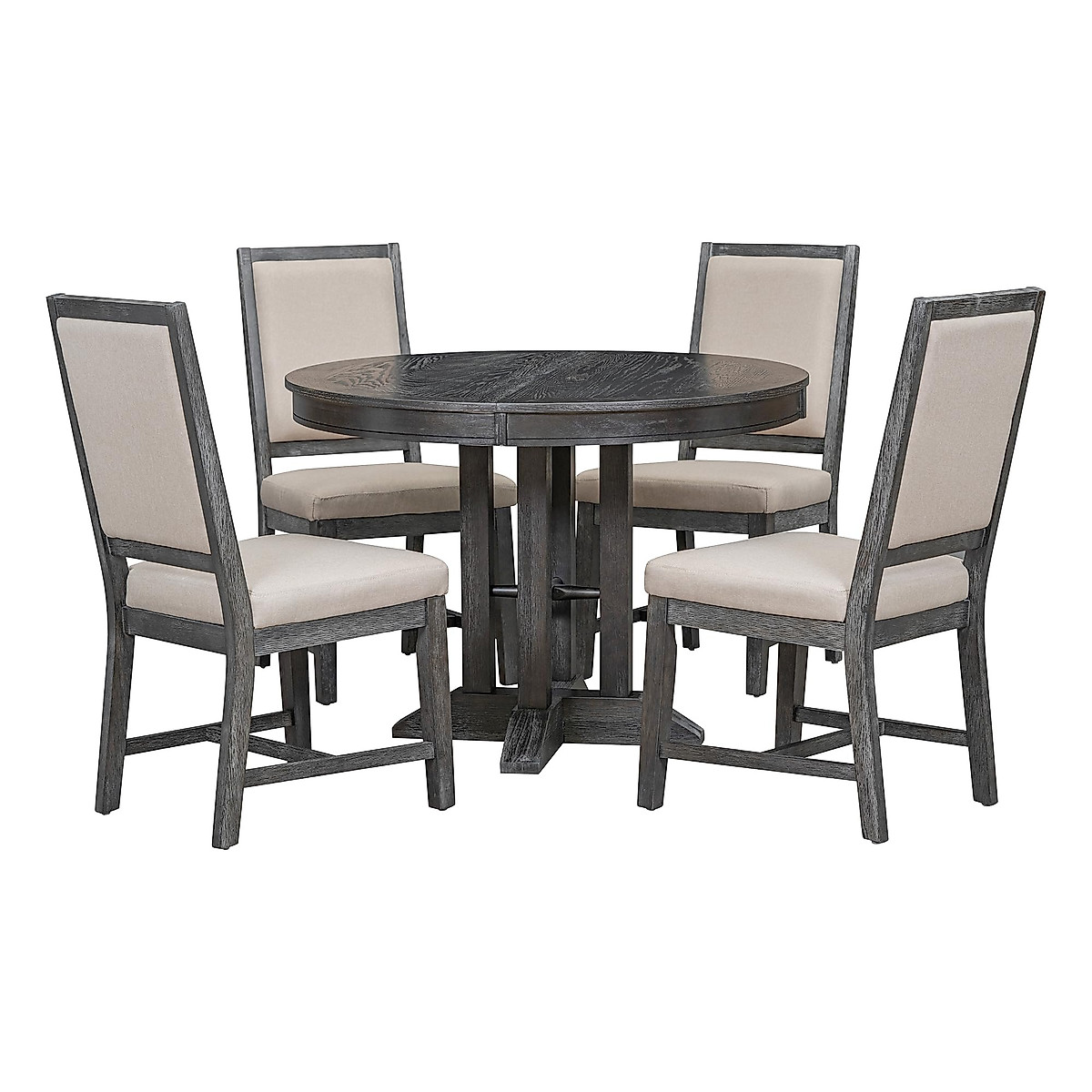 Dinehome 5-Piece Farmhouse Wood Round Extendable Dining Table Set with 4 Upholstered Chairs for Home Kitchen, Black