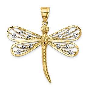Solid 14k White and Yellow Gold Two Toned Diamond-Cut Dragonfly Pendant Charm