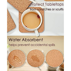 Cork Coasters for Drinks, 8 Pcs Square Extra Thick Absorbent Cork Coaster Sets, Round Edge Drink Coaster, Cup Coasters for Kinds of Cups, Housewarming Gifts, Home Decor, 4 x 4 Inches