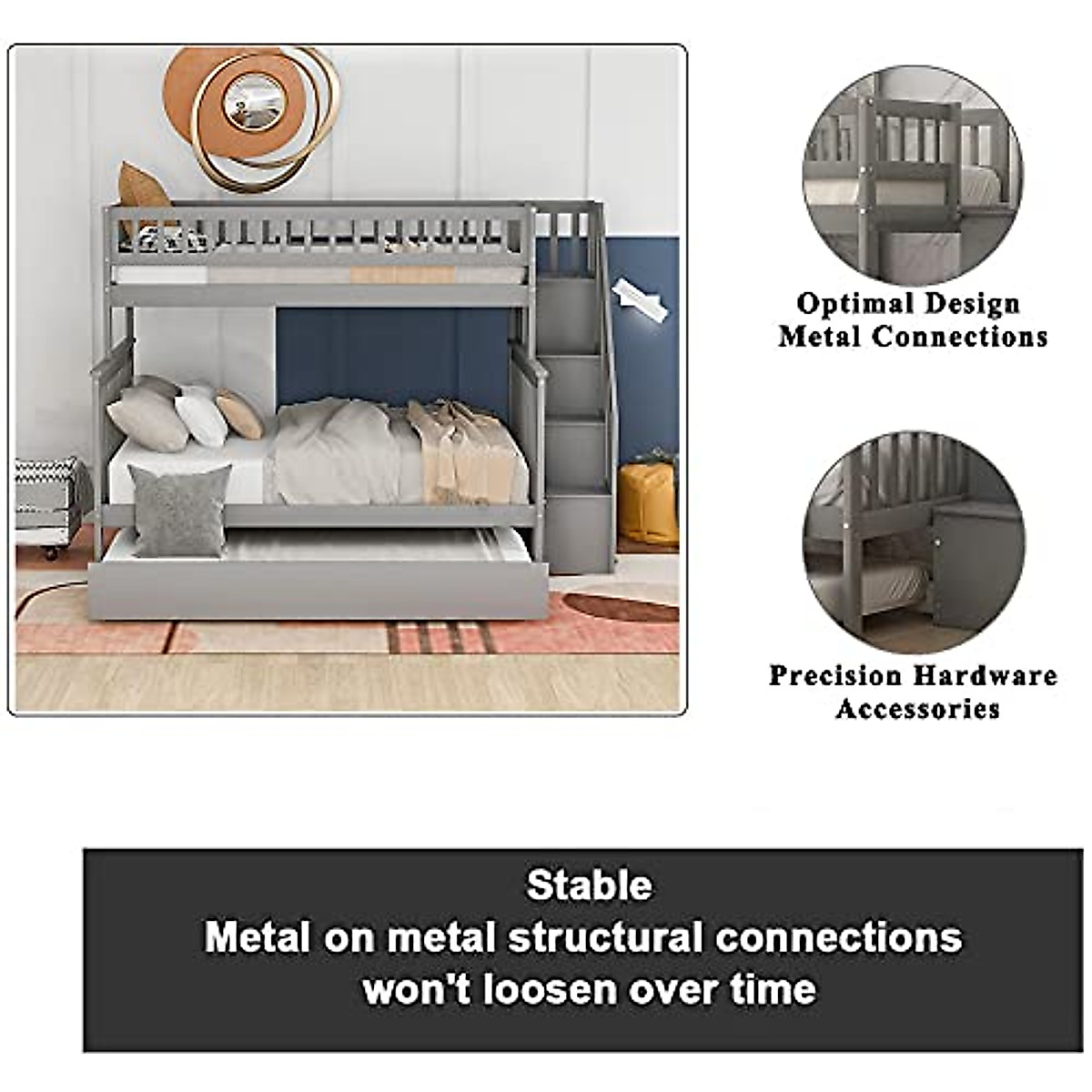 Baysitone Bunk Bed, Bunk Beds Twin Over Full Size, Bunk Bed with Trundle and Stairs, Solid Wood Bunk Bed Frame with 4 Storage for Kids, Girls, Boys, Toddler, No Box Spring Needed (Gray)