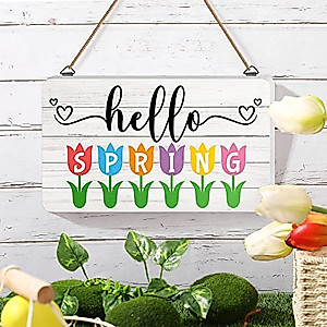 Hello Spring Wood Sign Farmhouse Tulips Spring Decor 9 x 5.3 Inch Spring Table Centerpiece Freestanding Wall Table Decor Wooden Cutout Tulips Spring Decoration for Home Dining Room (Spring)