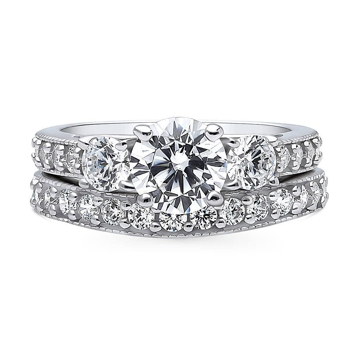 BERRICLE Sterling Silver 3-Stone Wedding Engagement Rings Round Cubic Zirconia CZ Ring Set for Women, Rhodium Plated Size 8
