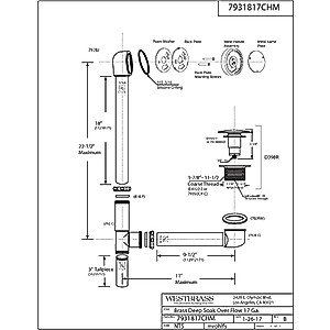 Westbrass 22" Deep Soak Tip-Toe Drain Bath Waste & Overflow, Polished Chrome ,7931817CHM-26