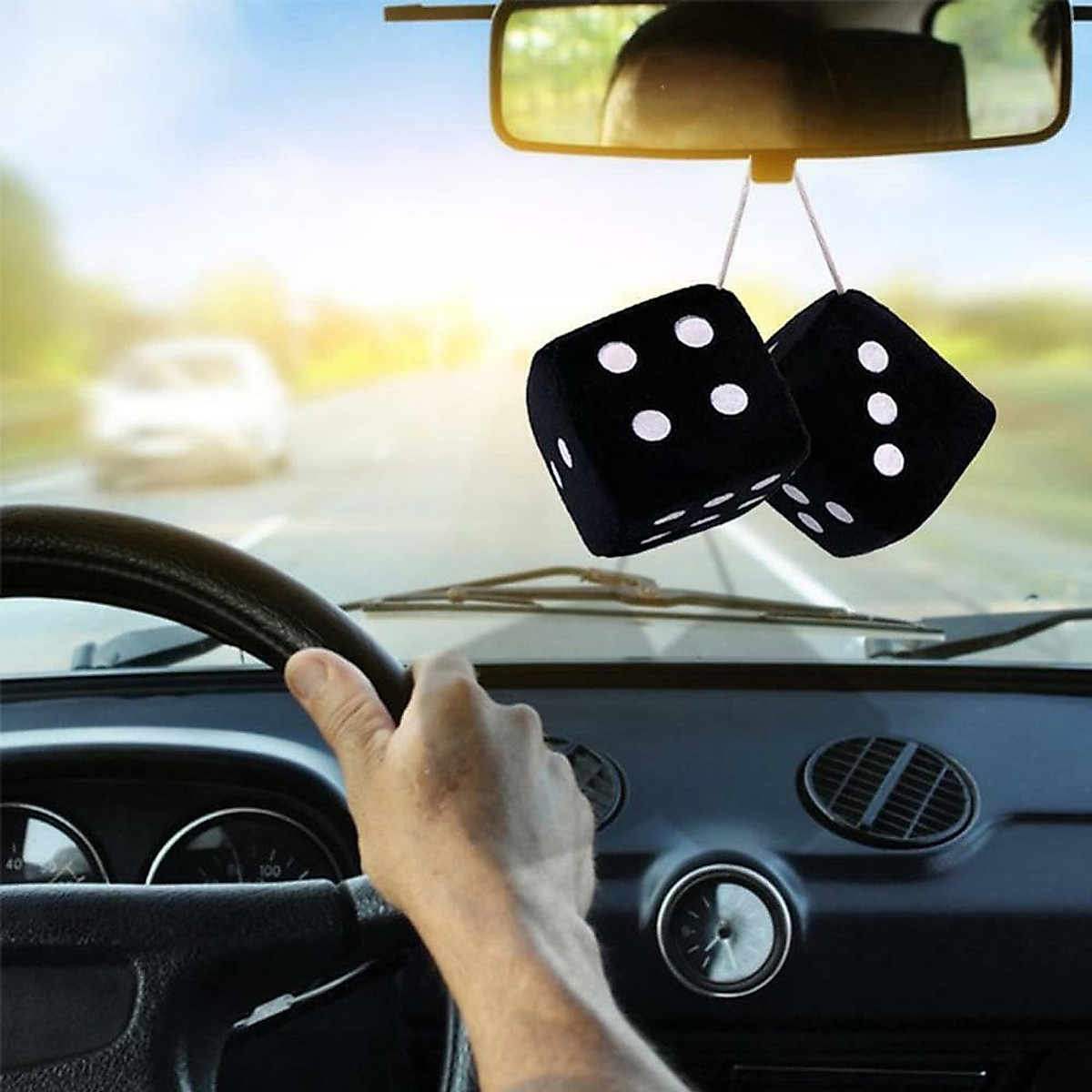[4 DICE 2 Pack] Retro Hanging Dice for Car Mirror Black and White (Nostalgic 80’s Fuzzy Car Dice for Mirror) Plush Car Accessories (Set of 2)