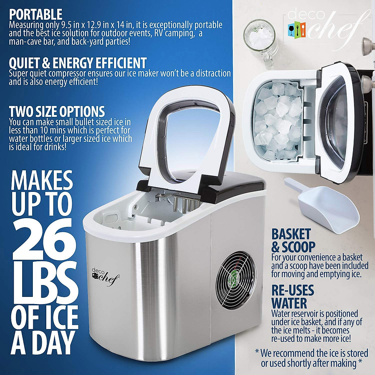 Deco Chef Stainless Steel Electric Top Load Ice Maker with The Smoothies Bible Recipe Book