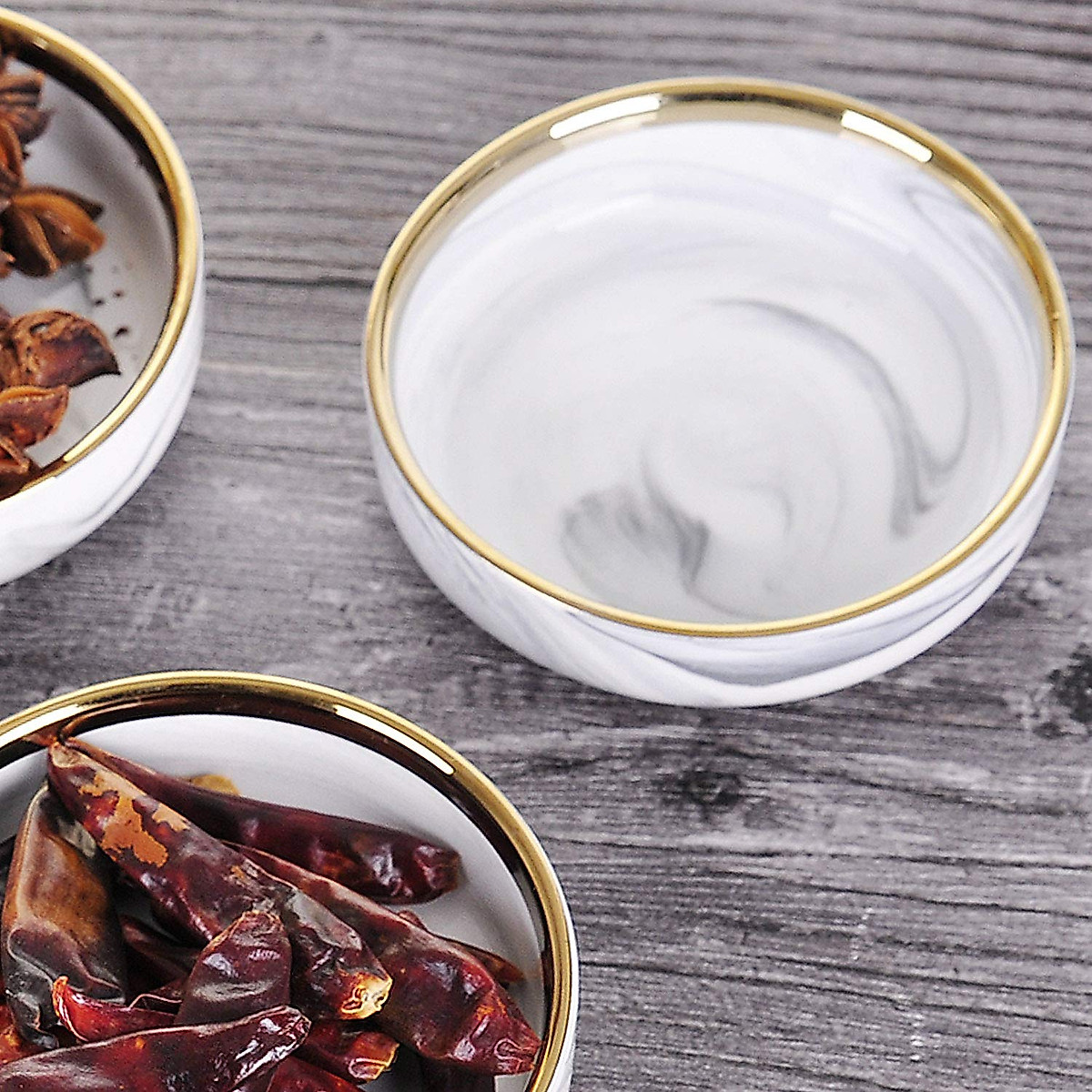 VanEnjoy 3.5 inches Marble Porcelain Side Dish Bowl Seasoning Dishes Soy Dipping Sauce Dishes-Set of 4, White with Gold Rim