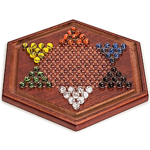 Yellow Mountain Imports Wooden Chinese Checkers Halma Board Game Set - 13.6-Inch - with 60 Colored Petal-Style Glass Marbles (16-Millimeter) - Classic Strategy Game