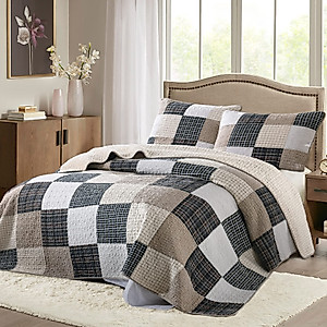 PERHOM 100% Cotton King Size Quilt Set - Lightweight Bedding Set, Real-Patchwork Plaid Pattern Printed Farmhouse Bedspreads, Soft Reversible Coverlet Comforter for All Season, 3 Pieces
