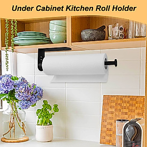 Single Hand Paper Towel Holder, Black Paper Towel Holder with Ratcheting Mechanism Paper Towel Dispenser Wall Mount Under Cabinet Paper Towel Holder Self-Adhesive or Drilled for Kitchen Bathroom RV