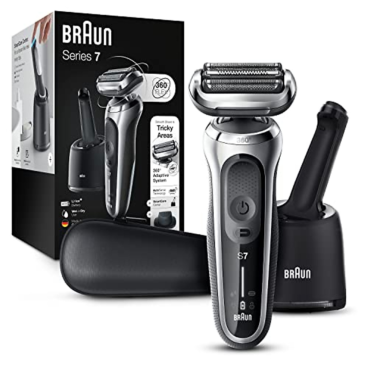 Braun Electric Razor for Men Flex Head Foil Shaver with Precision Beard Trimmer, Rechargeable, Wet & Dry, 4in1 SmartCare Center and Travel Case, Silver