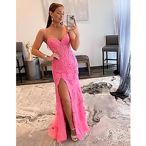 Lace Applique Mermaid Prom Dresses for Women 2024 Tulle Formal Evening Gowns for Women with Slit Long Elegant Evening Dresses Wisteria 8