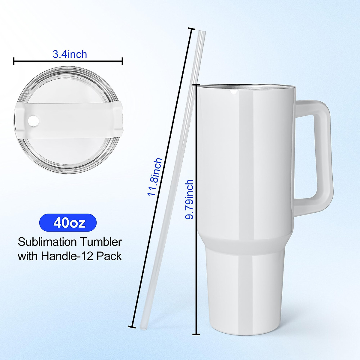 sweet grain 40oz Sublimation Tumbler with Handle and Straw Lid, 12 Pack Double Wall Vacuum Reusable Stainless Steel Insulated Water Bottle Travel Mug Cup, White, DIY Gift