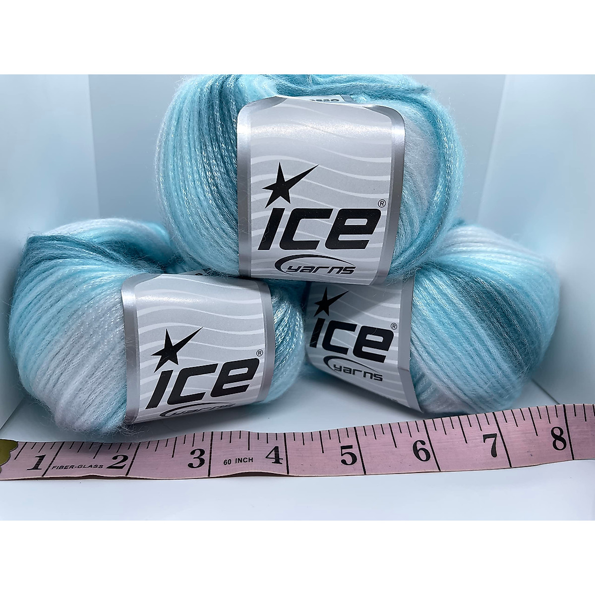 Ice Yarns Picasso 3 Pack - Sea Foam - Pale Aqua, Blues, White Fuzzy with Subtle Sheen Worsted Weight, 3x125 Yards (3x115meters) 3x1.76 Ounces (3x50 Grams)