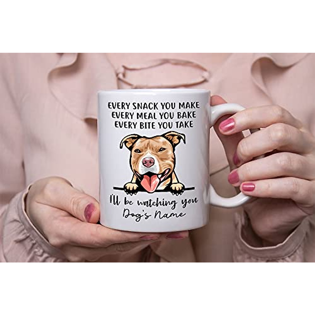 Personalized Red Nose American Pit Bull Coffee Mug, Every Snack You Make I'll Be Watching You, Customized Dog Mugs for Mom Dad, Gifts for Dog Lover, Mothers Day, Fathers Day, Birthday Presents