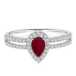 MOONEYE 6X4 MM Pear Red Ruby Gemstone 925 Sterling Silver Solitaire Halo Split Shank Ring (Silver, 6)