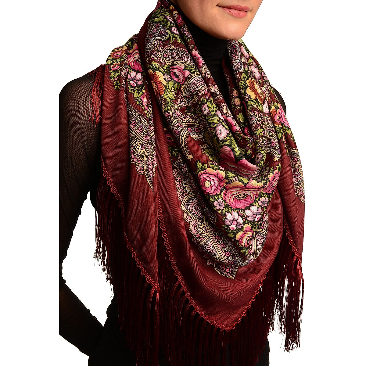 LissKiss Burgundy Plyaski Slavonic Russian Folk Style Shawl - Scarf