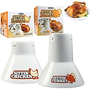 Sittin' Chicken & Turkey Ceramic Beer Can Roaster & Steamer Combo Pack- Easily Infuse flavors Into Your Meat- Wide Ceramic Base for Oven Or Grill Use- Great Meal Prep Accessories for BBQing & Grilling