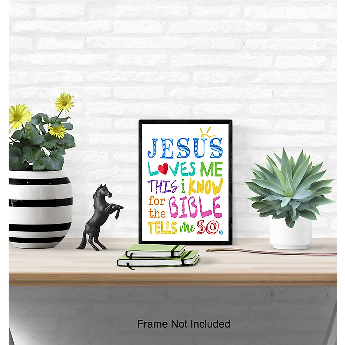 Religious Christian Kids Room Decor for Girls, Boys, Toddler Bedroom - Cute Baby Shower Gift - Jesus Loves Me Bible Verse Wall Art Print - 8x10 Poster Picture