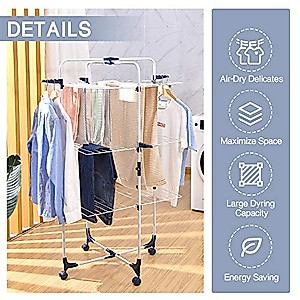 TOOLF Clothes Drying Rack, 3-Tier Collapsible Laundry Rack Stand Garment Drying Station with Wheels and 4 Hooks, Indoor-Outdoor Use, for for Bed Linen, Clothing, Socks, Scarves