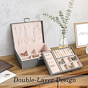 Allinside Jewelry Box Organizer for Women Teen Girls, 2 Layers PU Leather Jewelry Display Storage Case with Lock, Velvet Lining, Choice, Gray