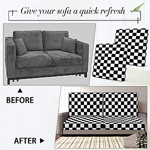 Newwiee Set of 8 Outdoor Stretch Cushion Cover Plaid Patio Chair Cushion Covers Replacement Furniture Cushions Couch Sofa Slipcovers Seat Cover Soft Flexibility Protector Washable(Black and White)