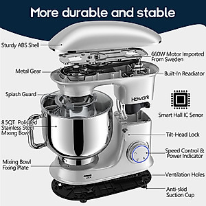 HOWORK 8.5QT Stand Mixer, 660W 6+P Speed Tilt-Head, Electric Kitchen Mixer With Dishwasher-Safe Dough Hook, Beater, Wire Whip & Pouring Shield(8.5 QT, Silver)