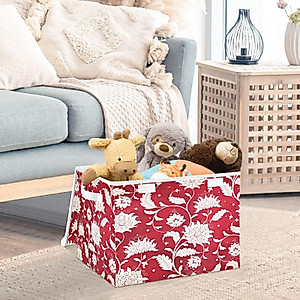 DIGTIA Chinese Traditional Flowers Storage Bins with Lids Red Background Foldable Storage Basket with Handles Collapsible Large Fabric Organizer Containers for Clothes Shelves Closet Office Home Bedro