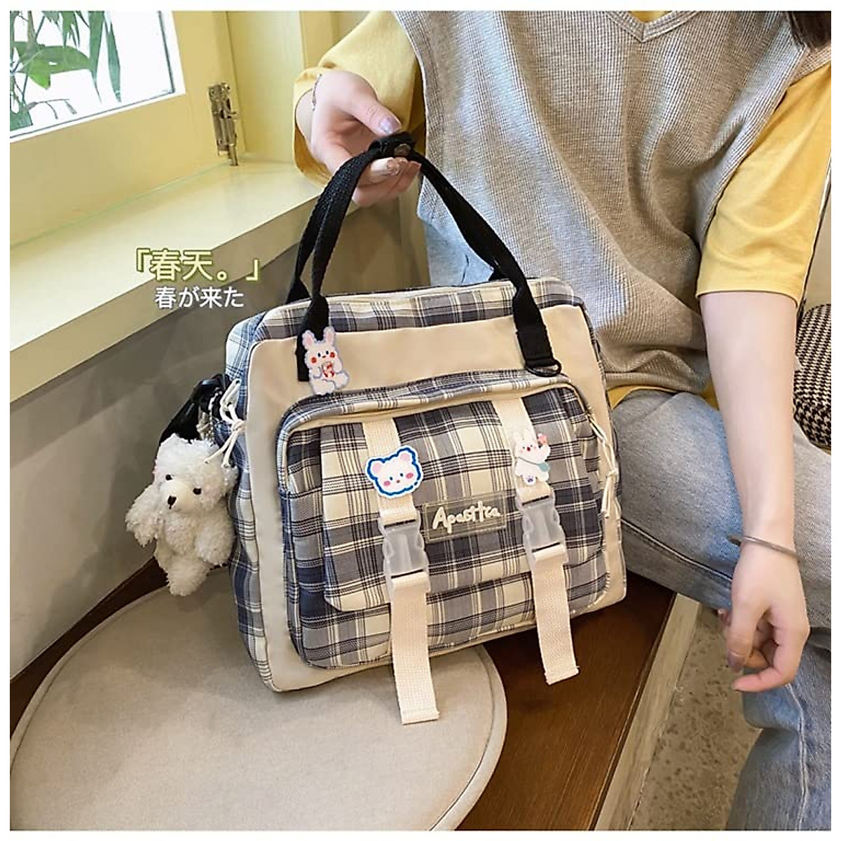 Kawaii Backpack with Plush Bear Pendant, Cute Plaided Japanese Ita Handbag Crossbody Shoulder Bag Aesthetic Tote Bag (Black)