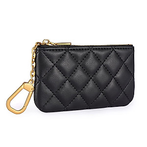 Mossruta Premium Genuine Full Grain Leather Mini Coin Purse Keychain Pouch Card Holder for Men Women (Black Quilted- AG)