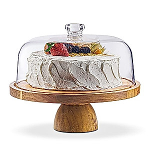 Cake Stand with Acrylic Dome Lid 2-in-1 Multifunctional Round Shatterproof Dessert Table Display Set with Acacia Wood Serving Platter, Veggie Tray, Fruit Bowl, Donut Stand, Nachos Plate by Homesphere