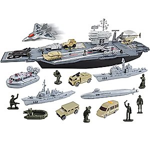 deAO Aircraft Carrier Toy Army Men with Scale Model Warplanes Warships Military Vehicles Battleship Planes Helicopter Trucks Tank Toys for Kids Boys Girls 28 Inches