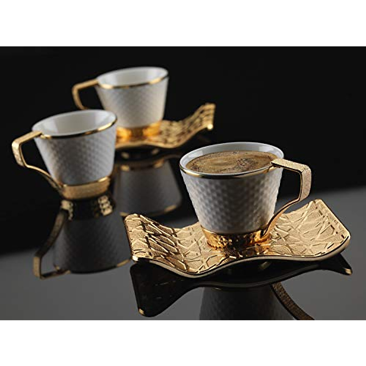 DEMMEX Stunning Espresso Turkish Coffee Cups with Metal Holders and Saucers Set for 6, 2.6 Ounces (White - Gold)