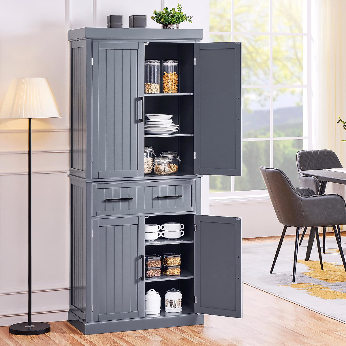 Yaheetech Kitchen Pantry Storage Cabinet with Drawer, 72.5" H Cupboard Pantry Cabinets with Adjustable Shelves and Barn Doors for Dining Room/Living Room, Dark Gray