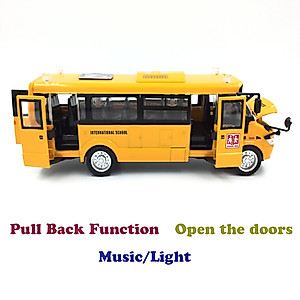 9" Pull Back School Bus,Light Up & Sounds Die-cast Metal Toy Vehicles with Bright Yellow and Openable Doors